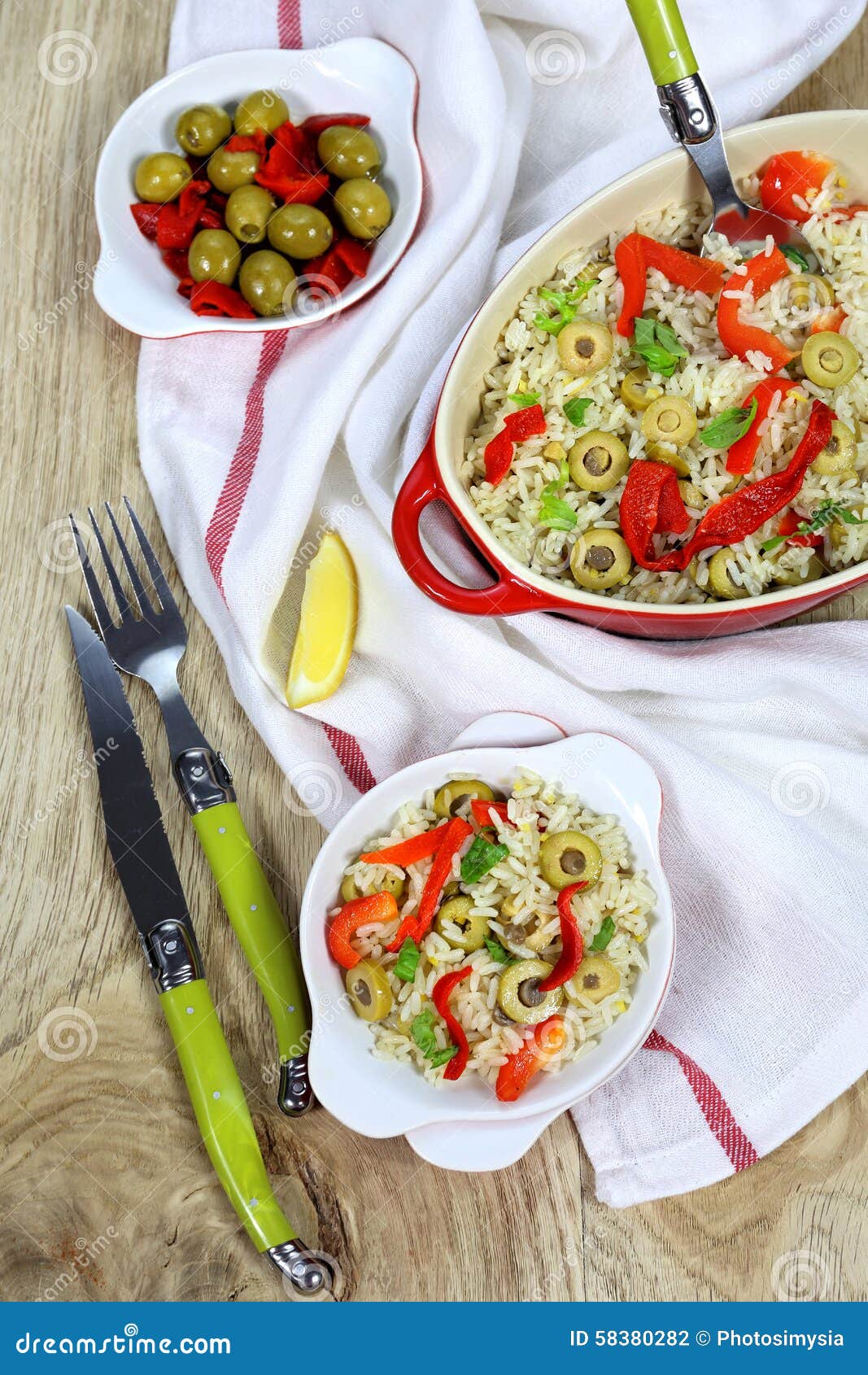 White Rice with Olives and Red Pepper Stock Photo - Image of dinner ...