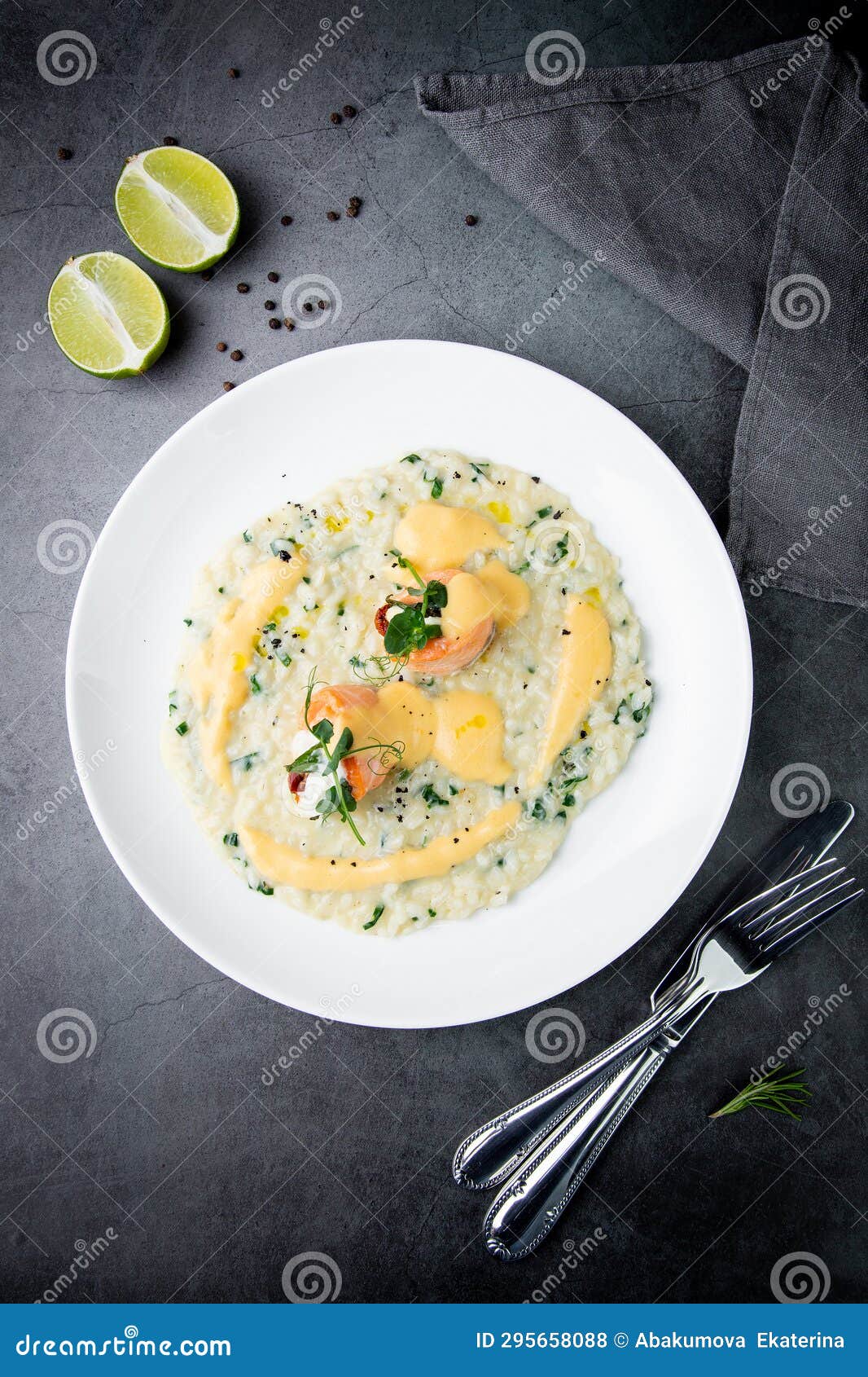 White Rice Porridge with Herbs and Fish, Top View Stock Photo - Image ...
