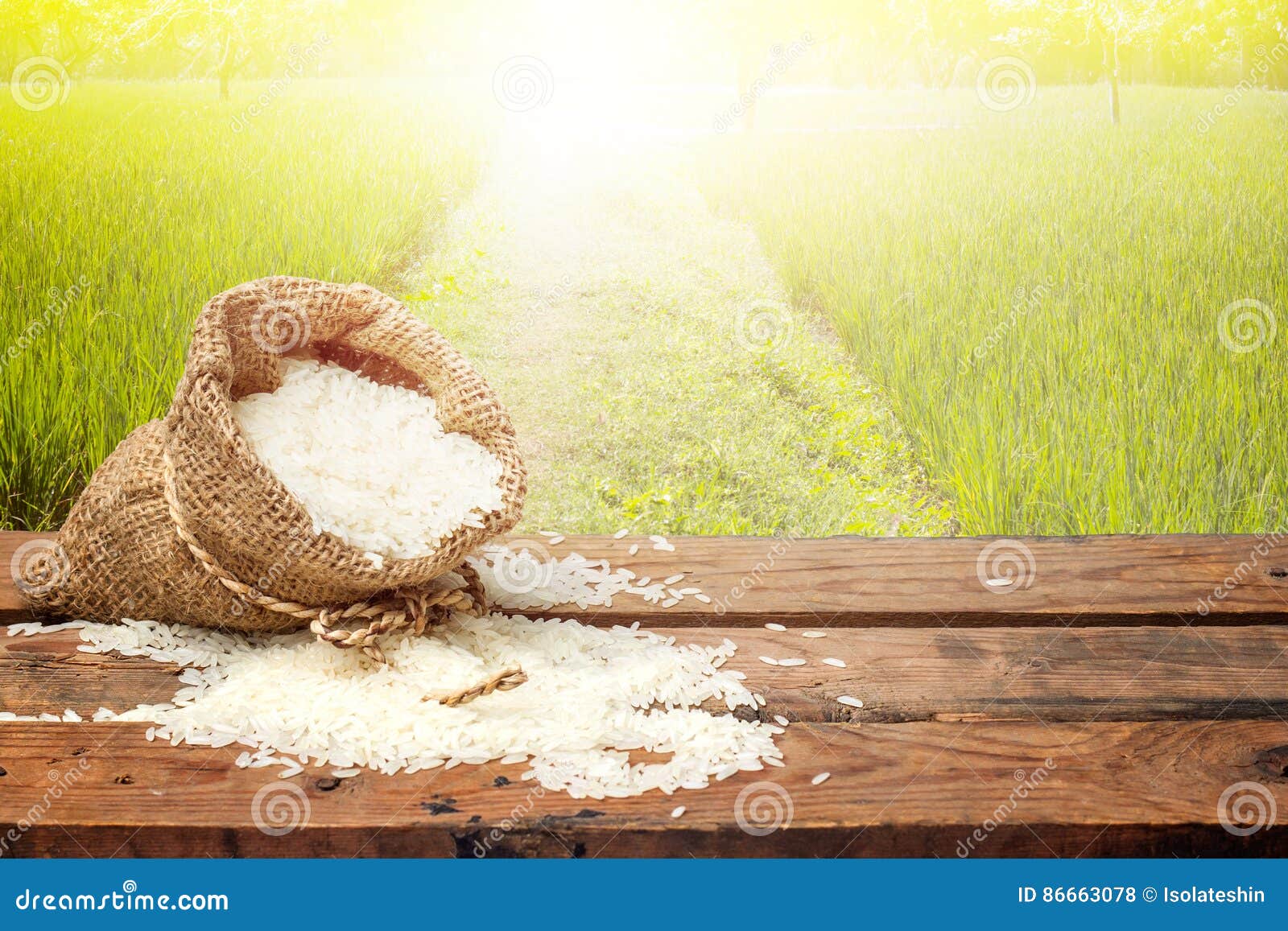 White Rice in Small Burlap Sack on Wooden Table Stock Photo - Image of ...