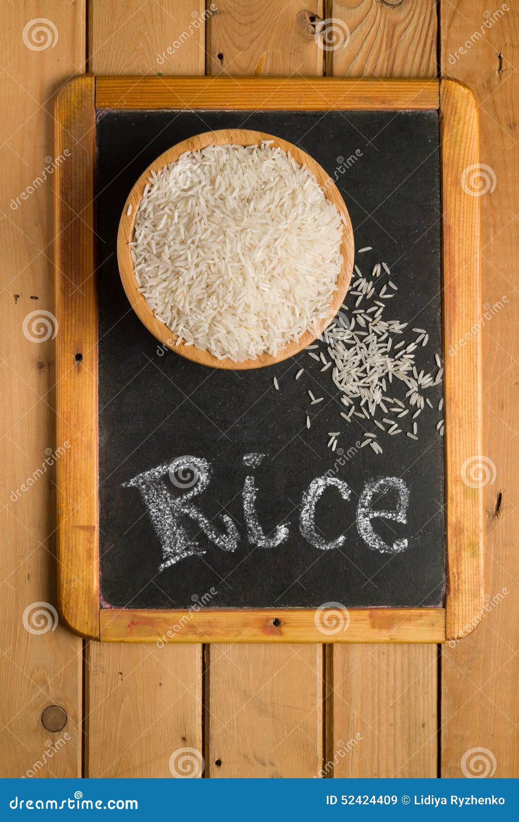 White Rice in a Wooden Bowl on a Chalkboard with the Words Stock Image ...