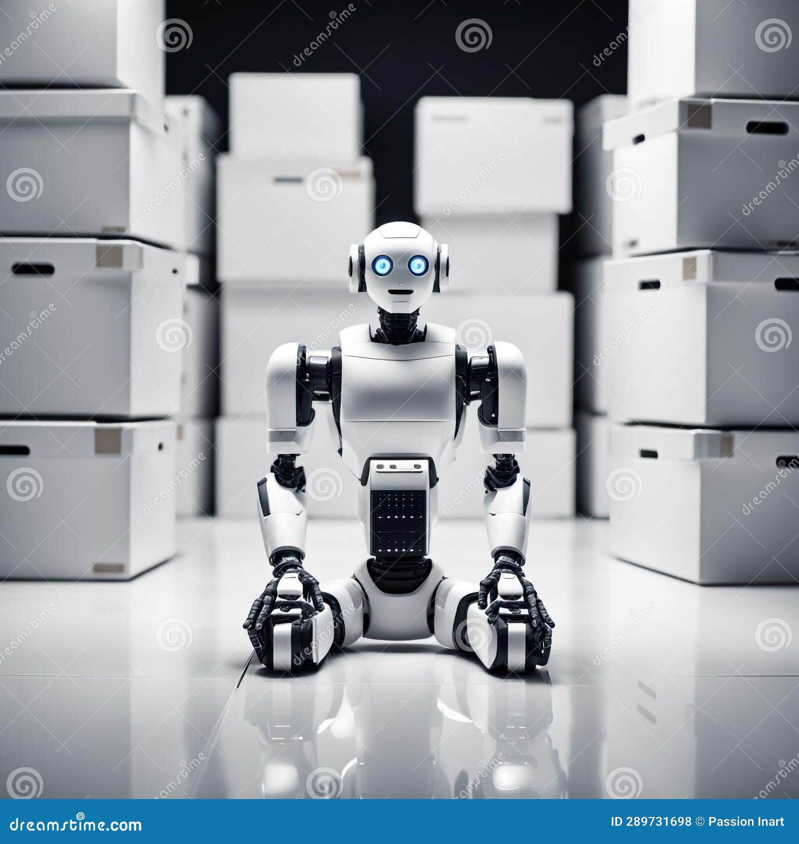 A White Robot Arranges Boxes on the Floor Stock Illustration ...
