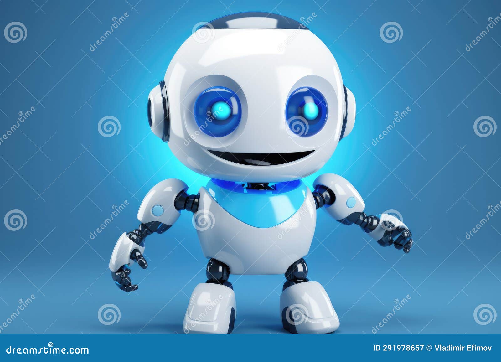 White Robot with Blue Eyes Standing in Front of Blue Background ...