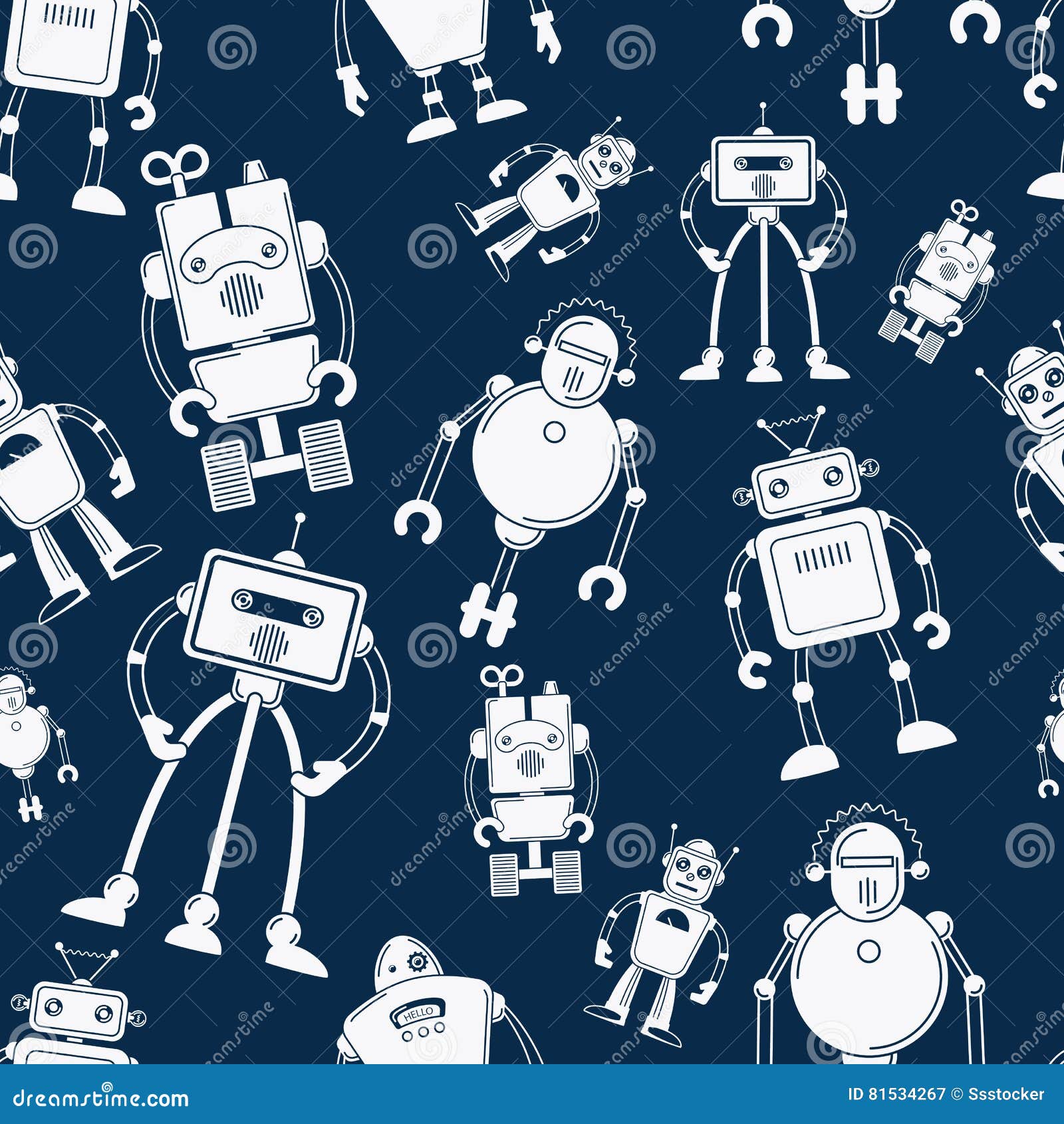 White Robot on Blue Seamless Pattern Stock Vector - Illustration of ...