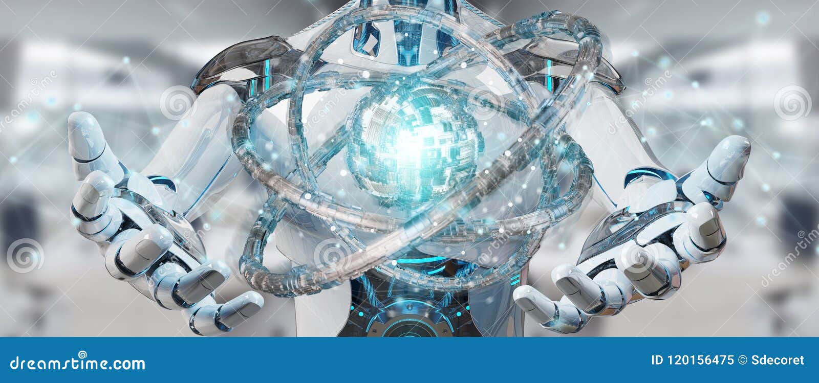 White Robot Creating Future Technology Structure 3D Rendering Stock ...