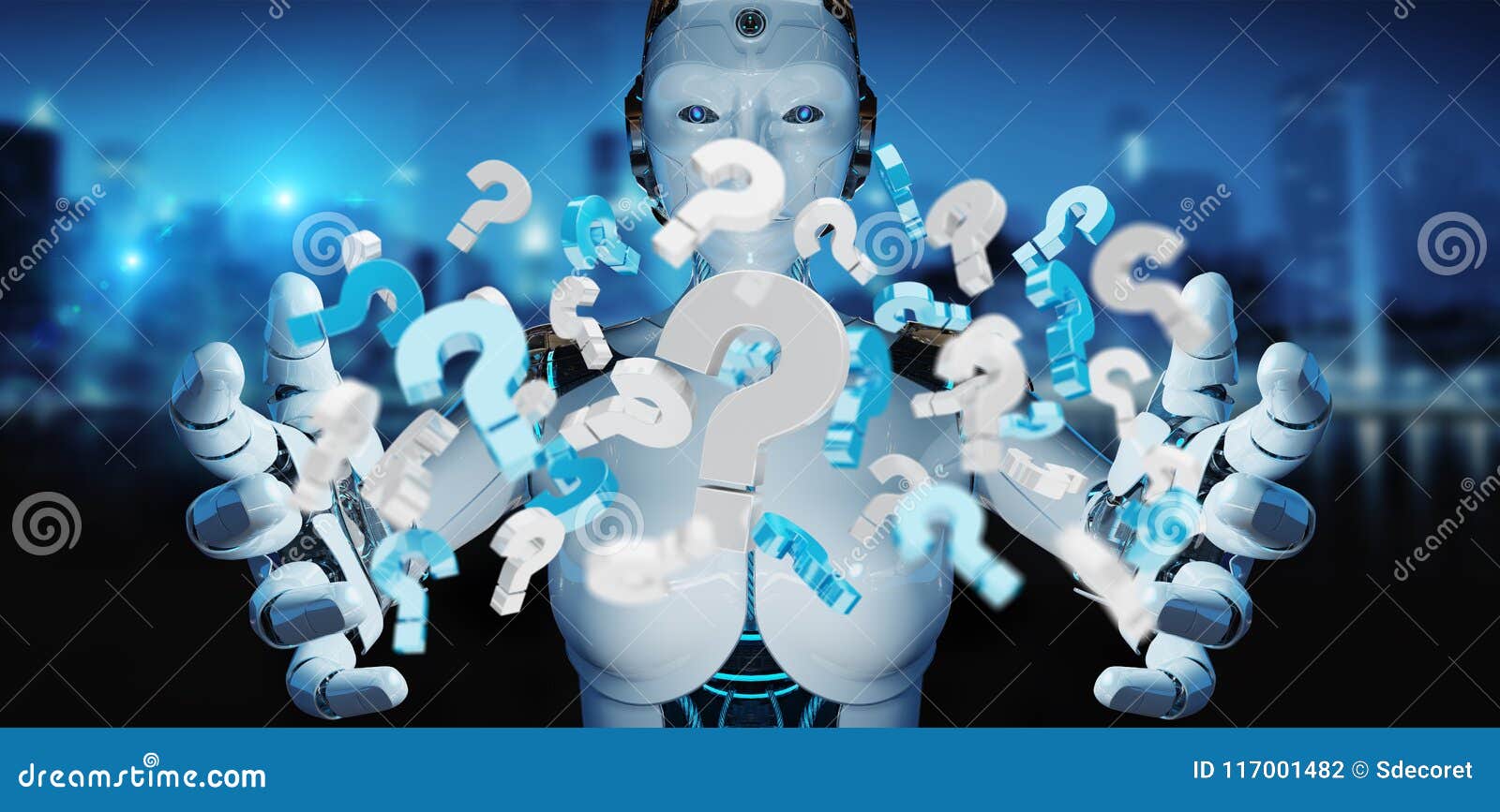 White Robot Using Digital Question Marks 3D Rendering Stock ...