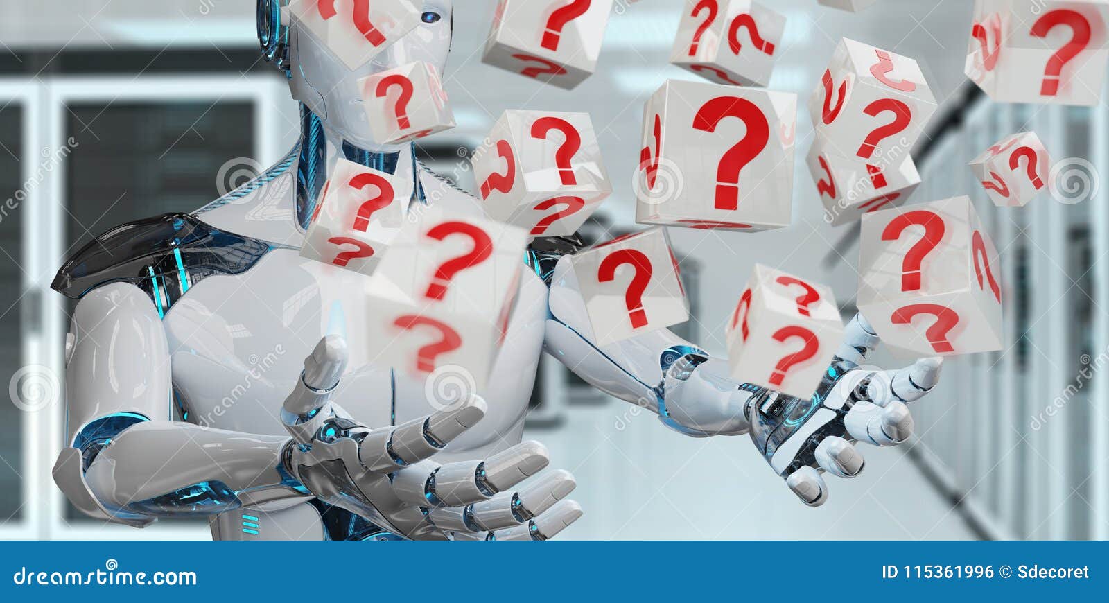 White Robot Using Digital Question Marks 3D Rendering Stock ...