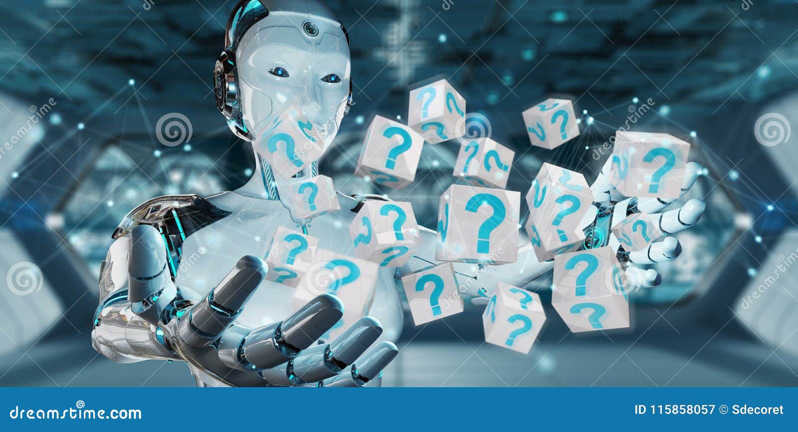 White Robot Using Digital Question Marks 3D Rendering Stock ...