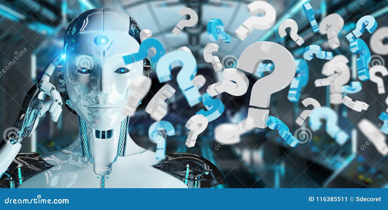 White Robot Using Digital Question Marks 3D Rendering Stock ...