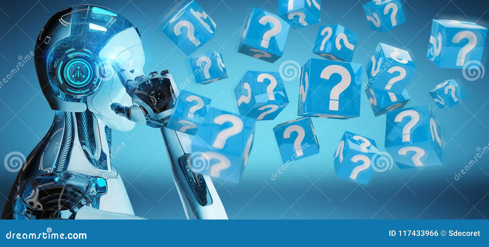 White Robot Using Digital Question Marks 3D Rendering Stock ...