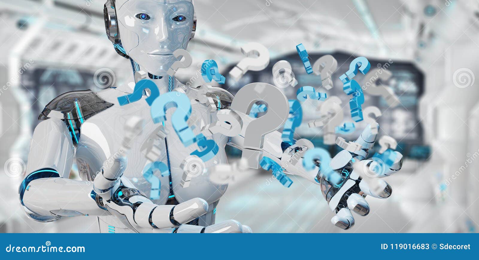 White Robot Using Digital Question Marks 3D Rendering Stock ...