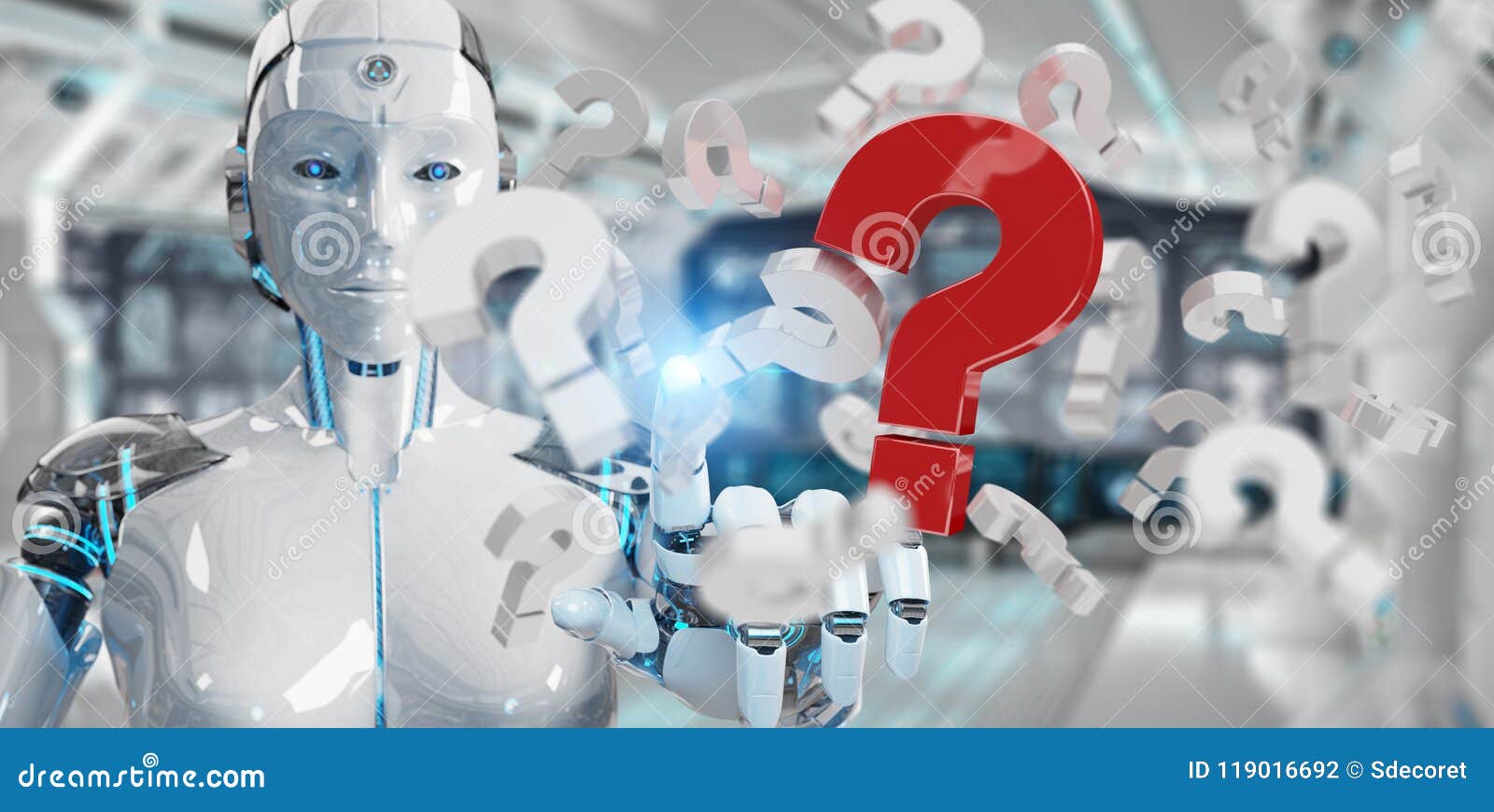 White Robot Using Digital Question Marks 3D Rendering Stock ...