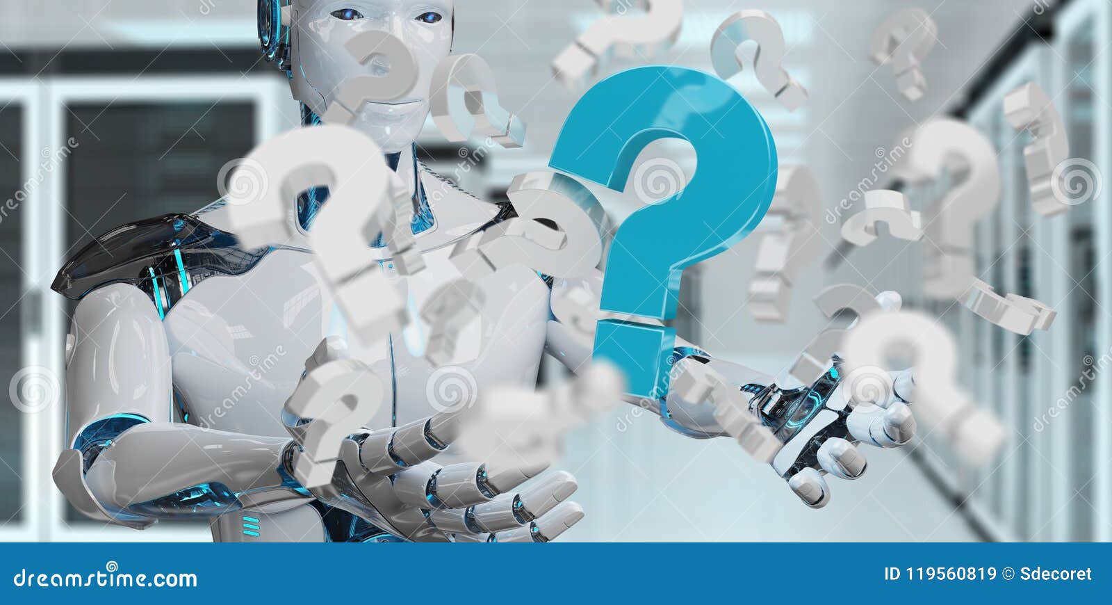 White Robot Using Digital Question Marks 3D Rendering Stock ...