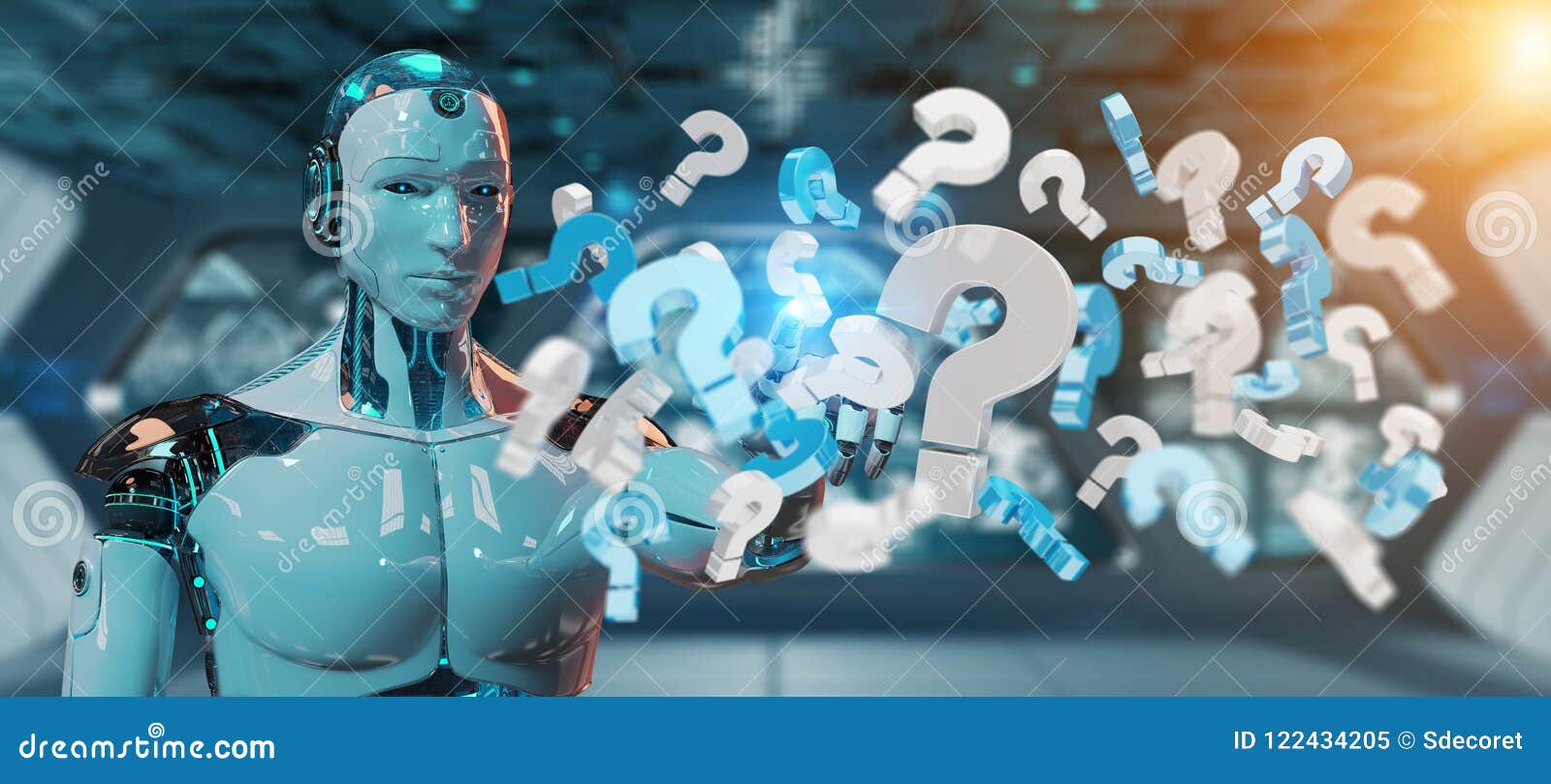 White Robot Using Digital Question Marks 3D Rendering Stock ...