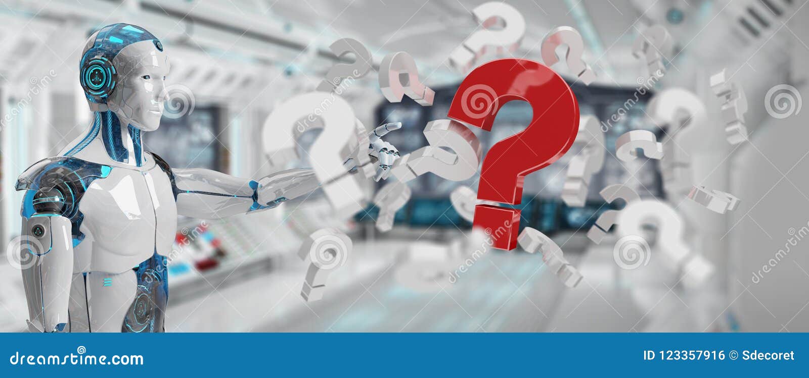 White Robot Using Digital Question Marks 3D Rendering Stock ...