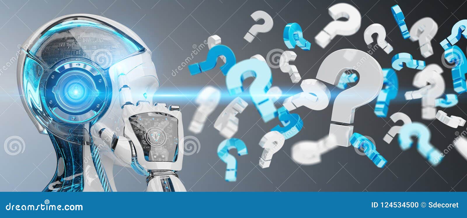 White Robot Using Digital Question Marks 3D Rendering Stock ...
