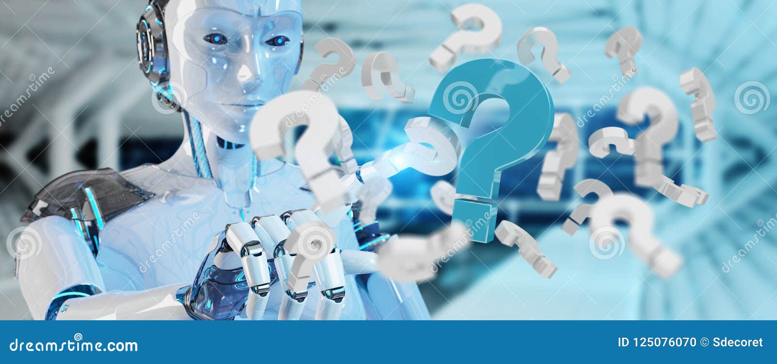 White Robot Using Digital Question Marks 3D Rendering Stock ...