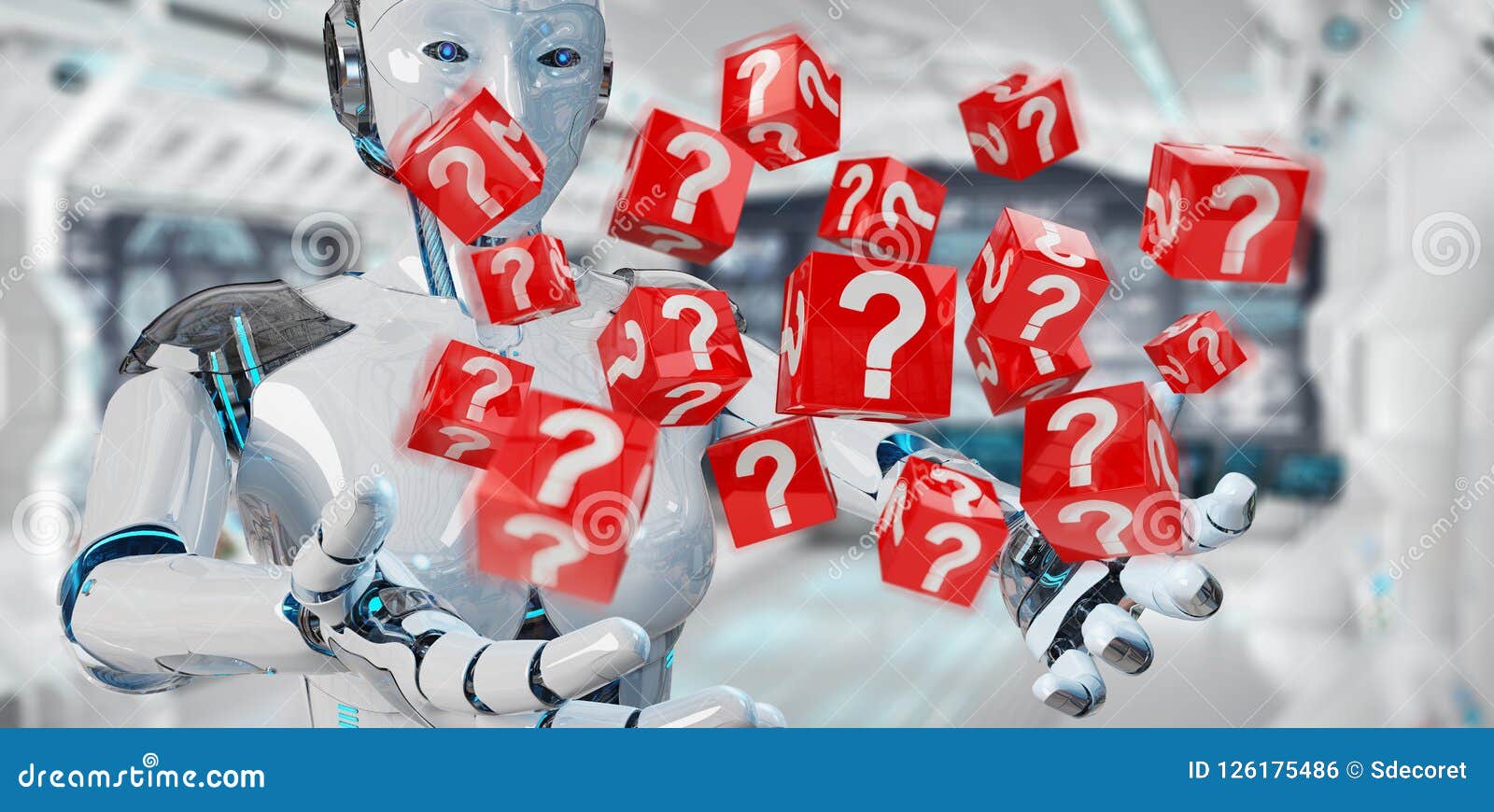 White Robot Using Digital Question Marks 3D Rendering Stock ...