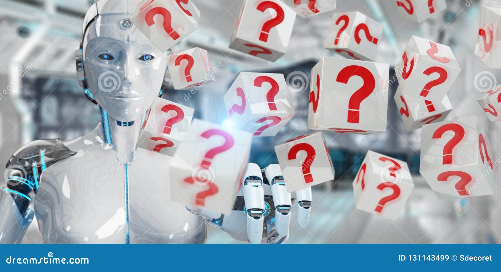 White Robot Using Digital Question Marks 3D Rendering Stock ...