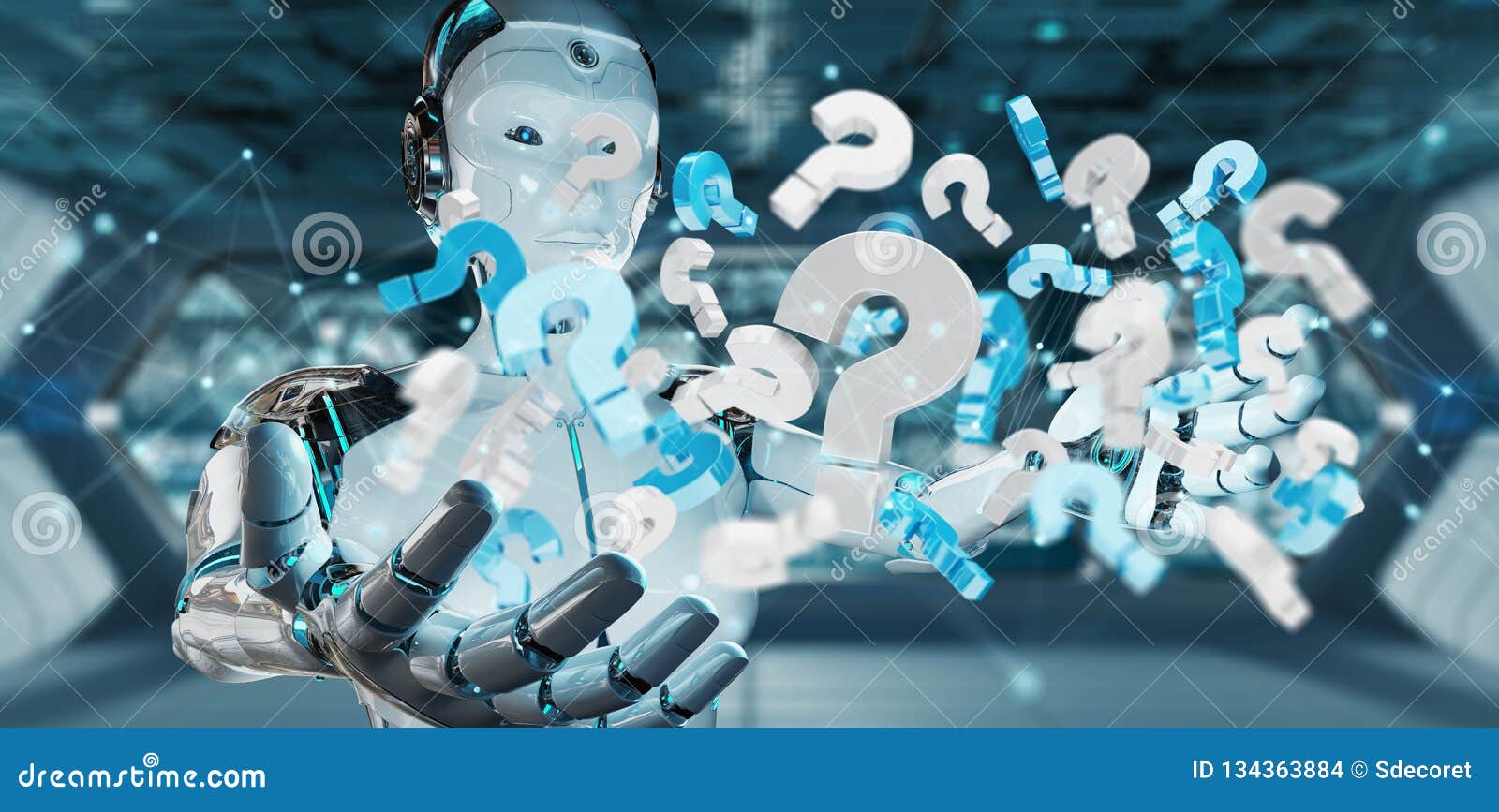 White Robot Using Digital Question Marks 3D Rendering Stock ...