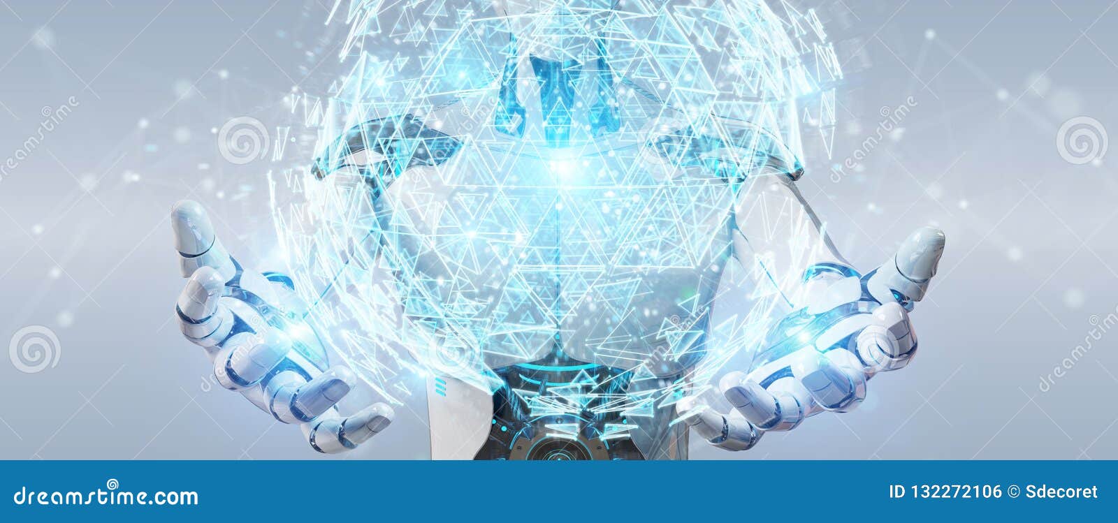 White Robot Using Digital Triangle Exploding Sphere Hologram 3D Stock Illustration ...