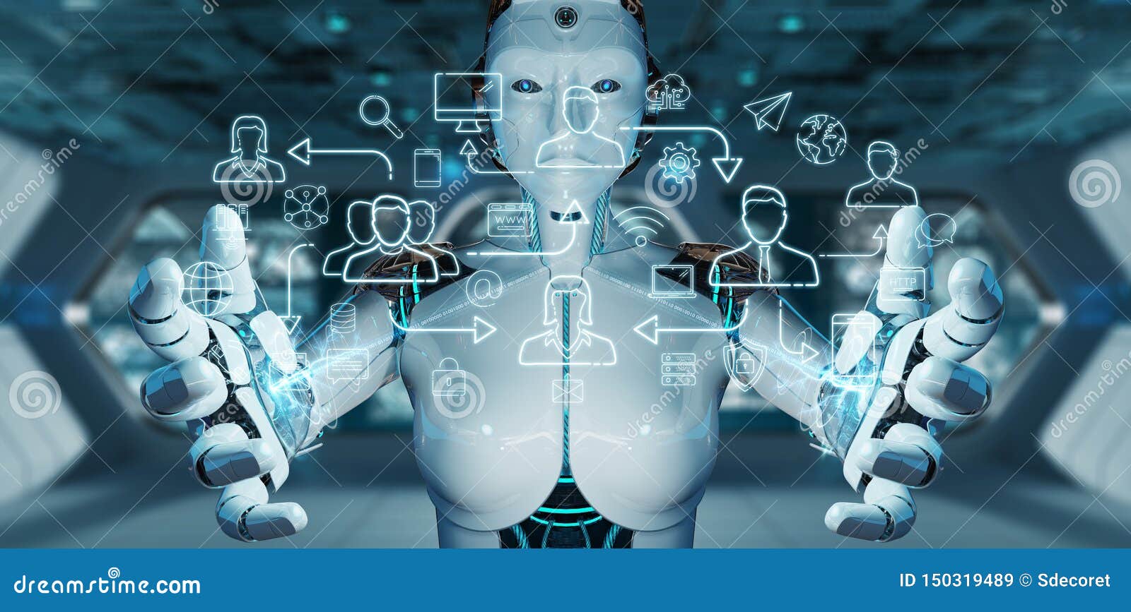 White Robot Controlling Social Network Icons Interface Stock ...