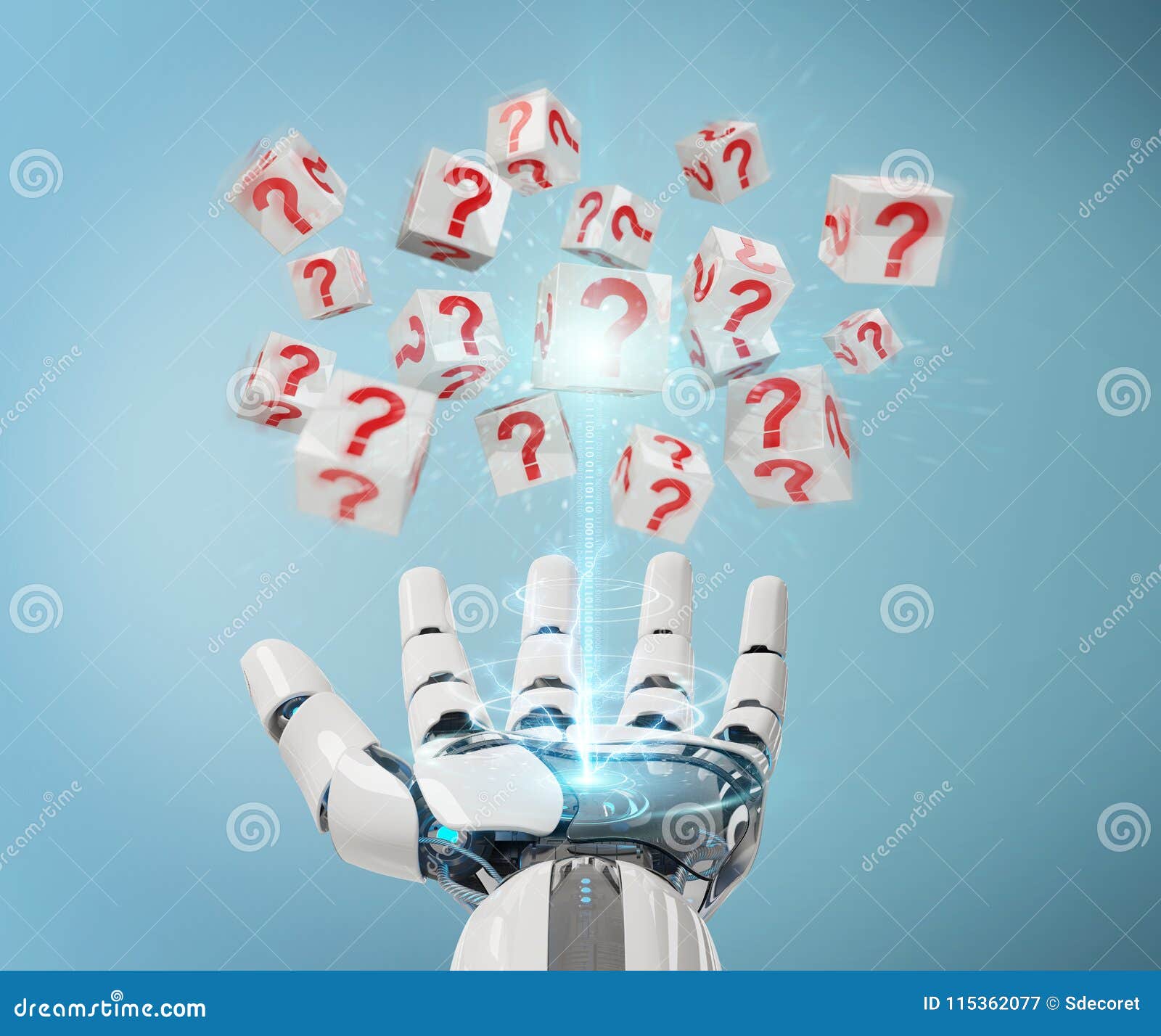 White Robot Hand Using Digital Question Marks 3D Rendering Stock ...