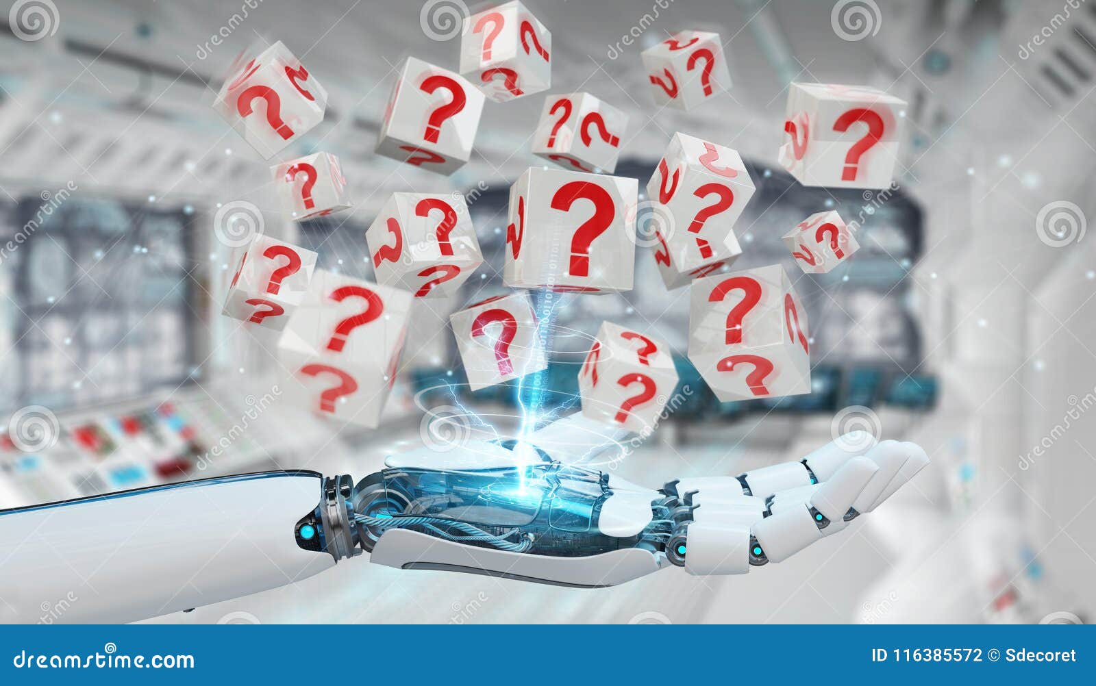White Robot Hand Using Digital Question Marks 3D Rendering Stock ...