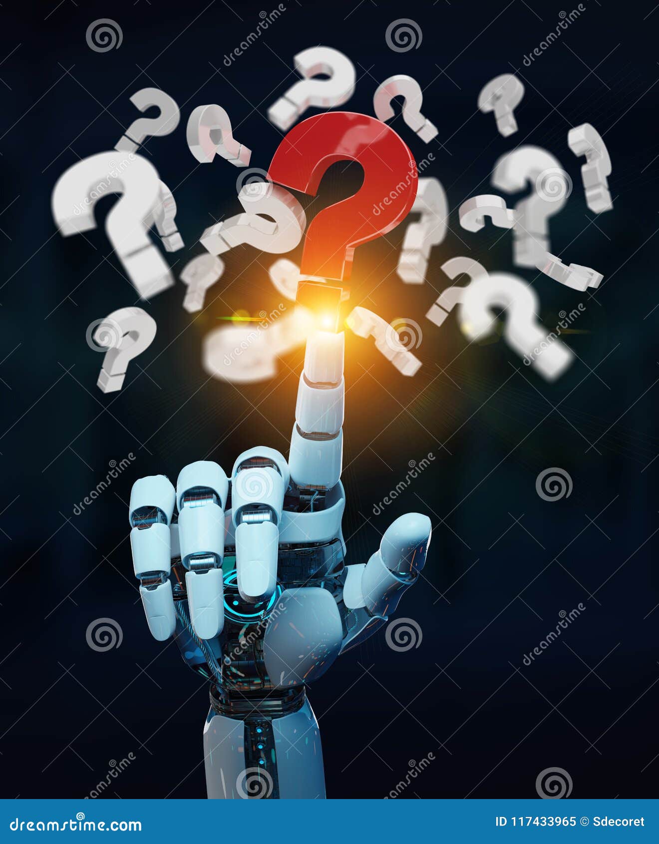 White Robot Hand Using Digital Question Marks 3D Rendering Stock ...