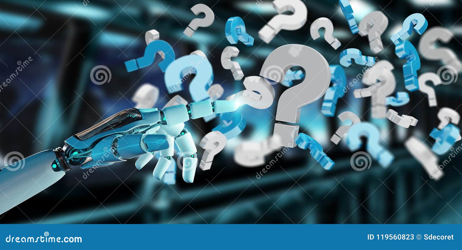 White Robot Hand Using Digital Question Marks 3D Rendering Stock ...
