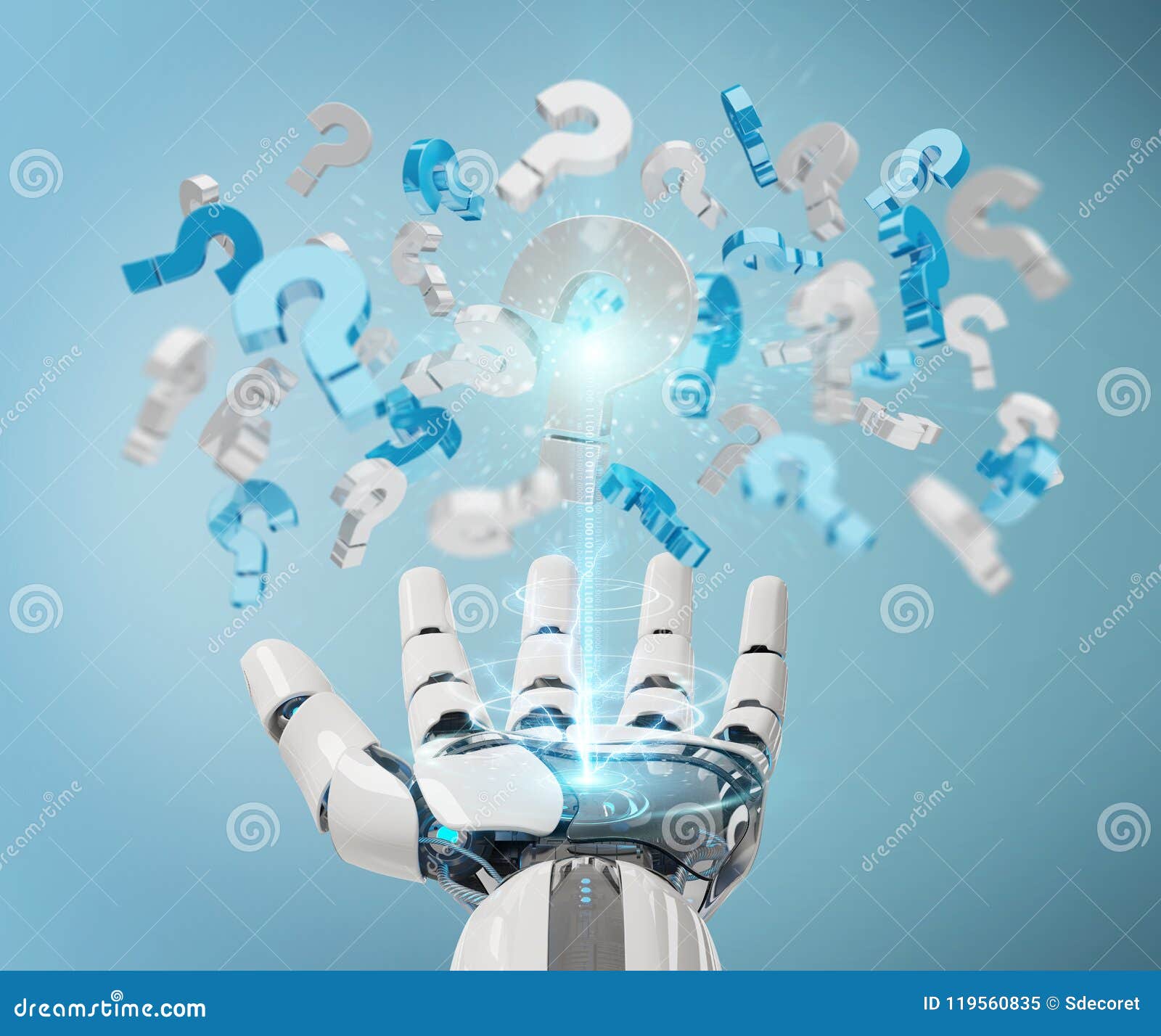 White Robot Hand Using Digital Question Marks 3D Rendering Stock ...