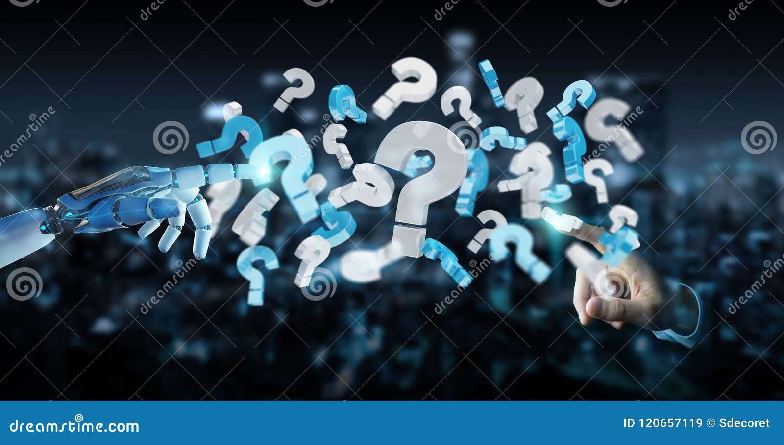 White Robot Hand Using Digital Question Marks 3D Rendering Stock ...