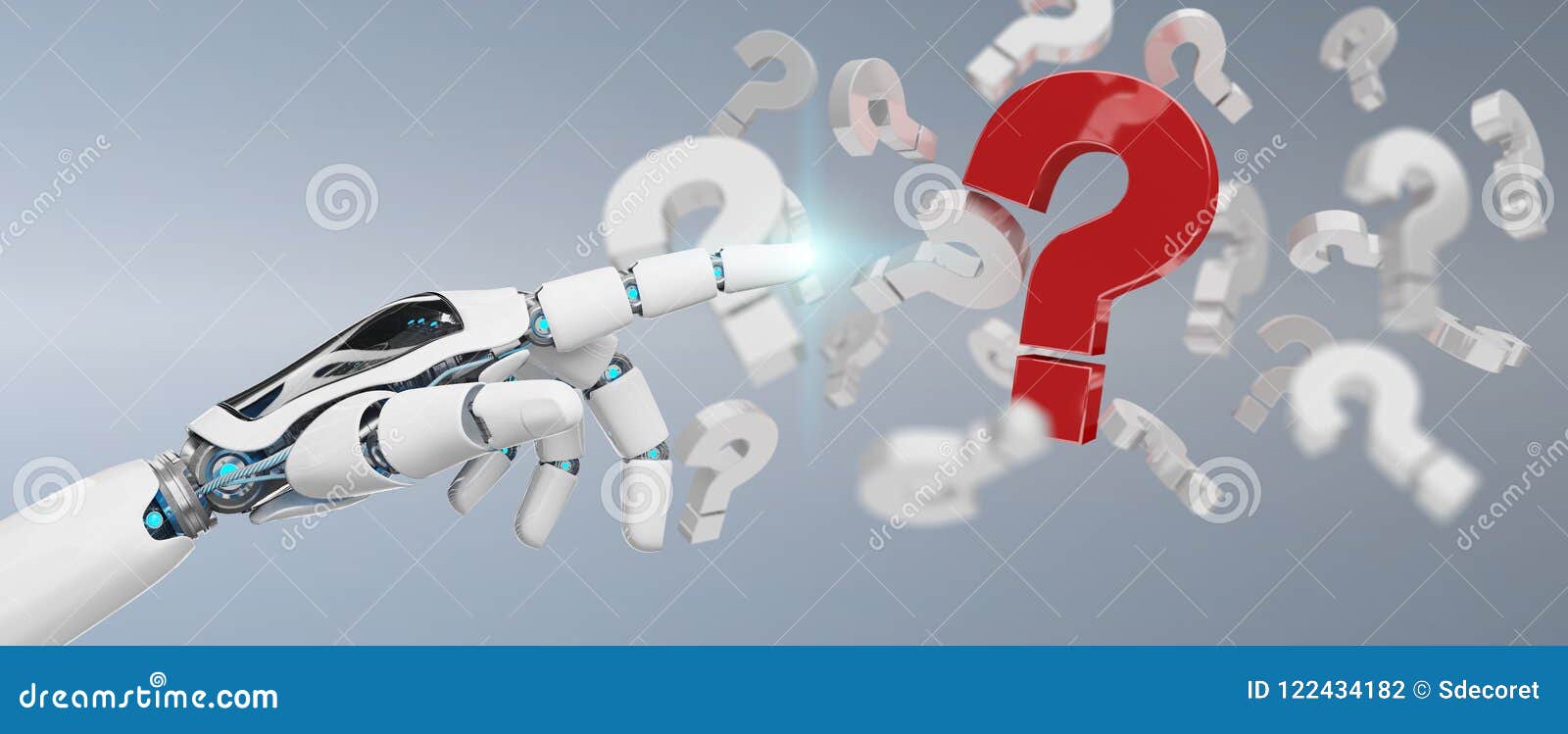 White Robot Hand Using Digital Question Marks 3D Rendering Stock ...