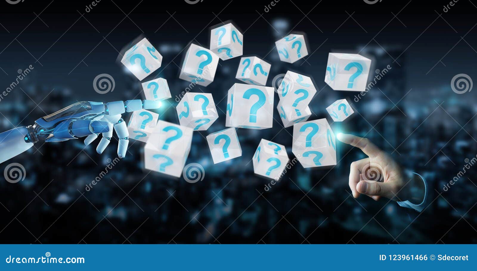 White Robot Hand Using Digital Question Marks 3D Rendering Stock ...