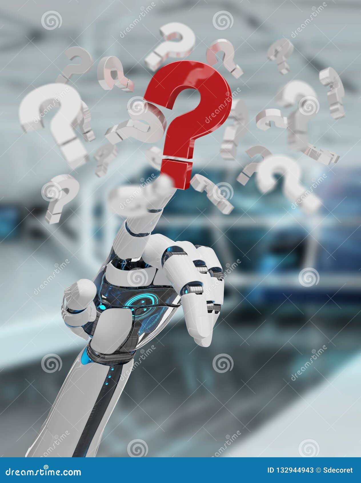 White Robot Hand Using Digital Question Marks 3D Rendering Stock ...