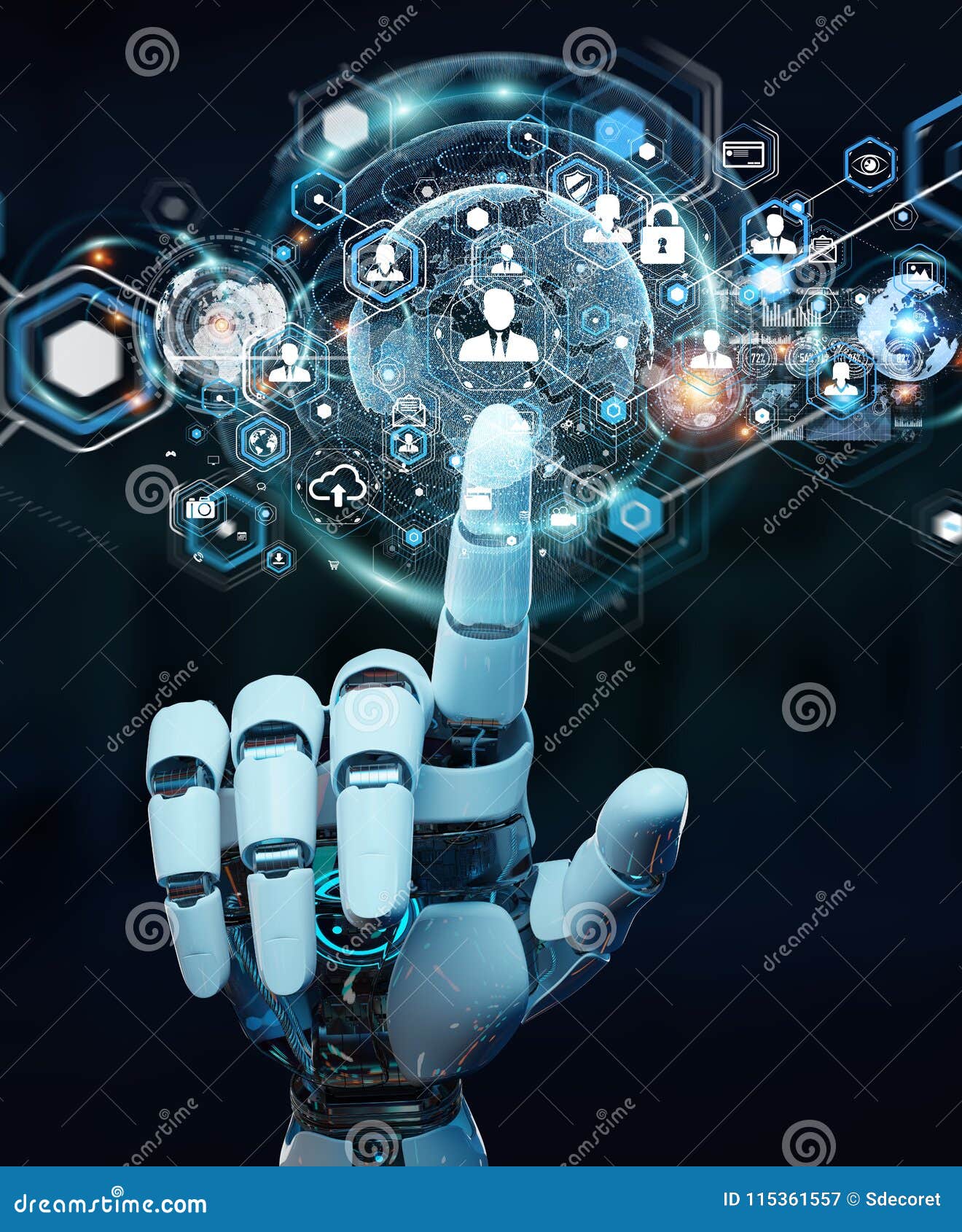 White Robot Hand Using Digital Screen Interface 3D Rendering Stock ...