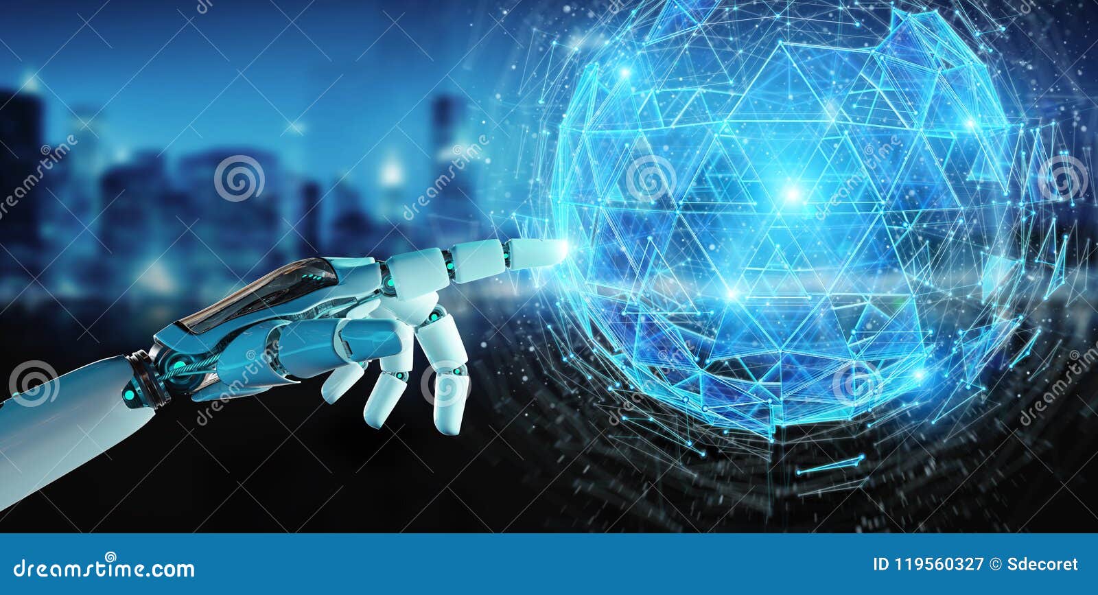 White Robot Hand Using Digital Triangle Exploding Sphere Hologram 3D Rendering Stock ...