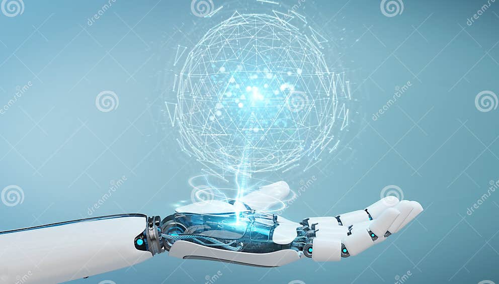 White Robot Hand Using Digital Triangle Exploding Sphere Hologram 3D Rendering Stock ...
