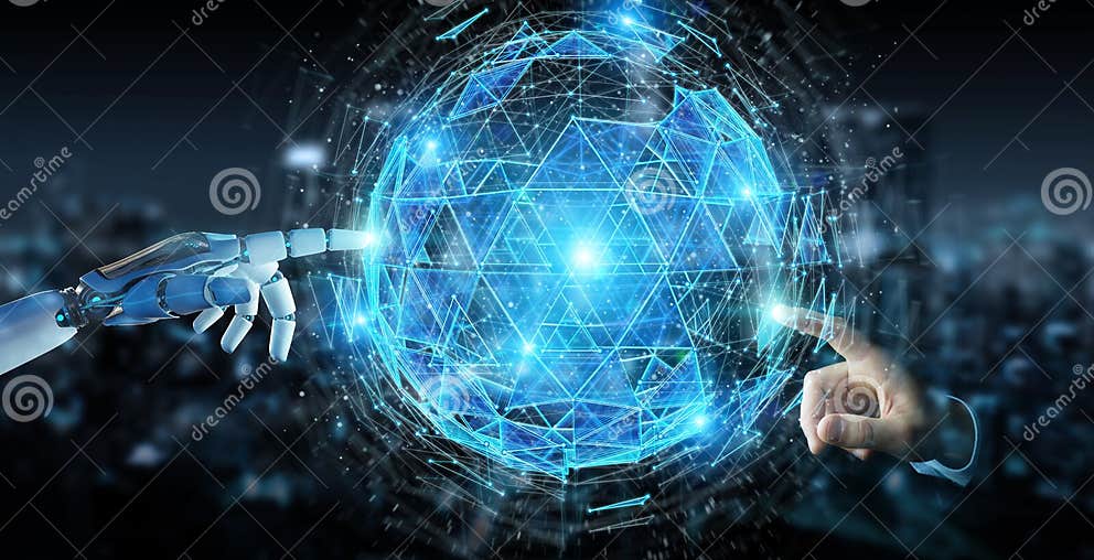 White Robot Hand Using Digital Triangle Exploding Sphere Hologram 3D Rendering Stock ...