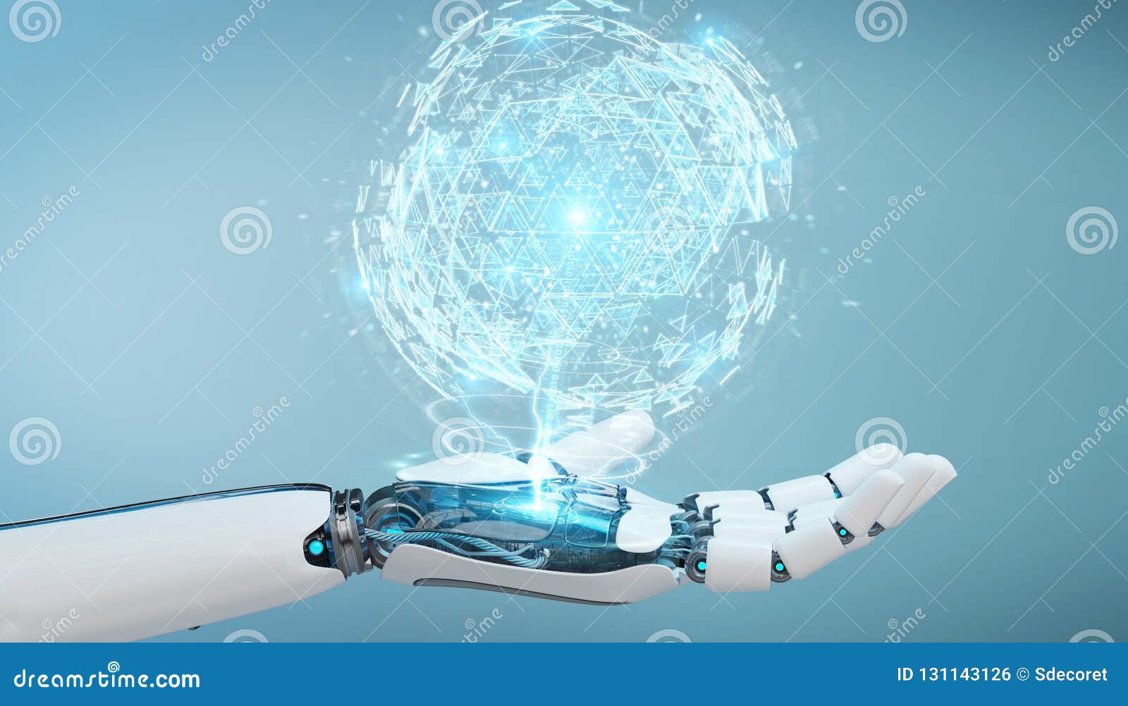 White Robot Hand Using Digital Triangle Exploding Sphere Hologram 3D Rendering Stock ...