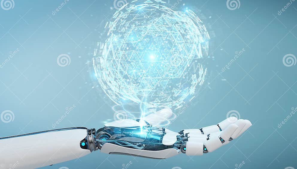 White Robot Hand Using Digital Triangle Exploding Sphere Hologram 3D Rendering Stock ...