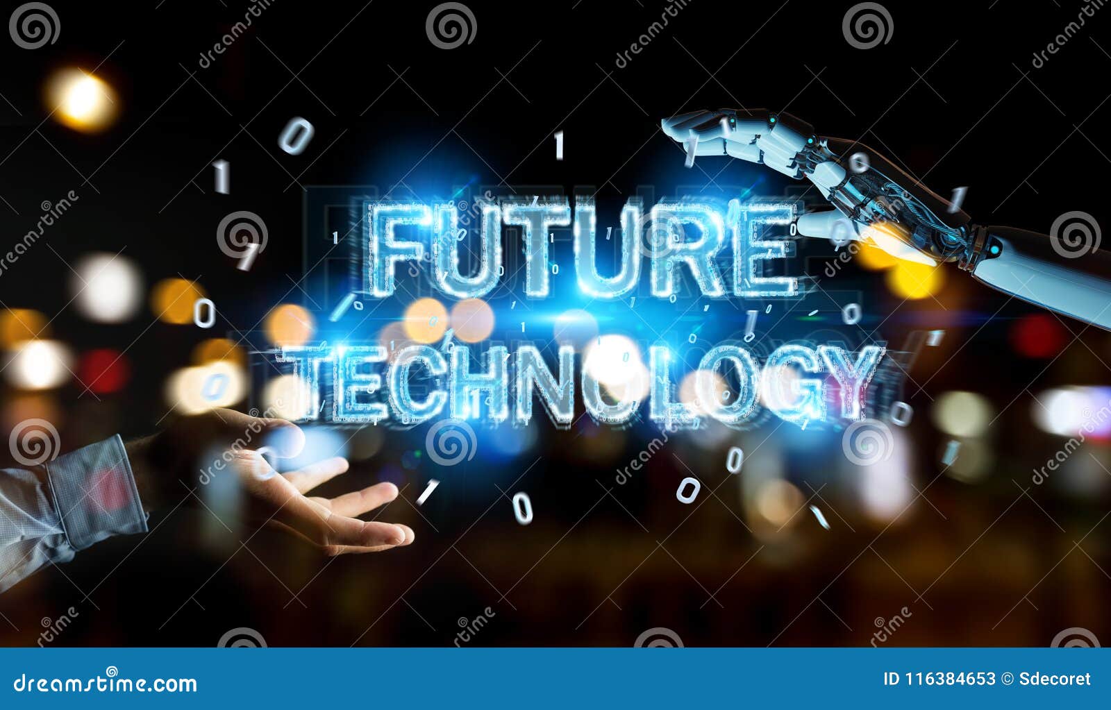 White Robot Hand Using Future Technology Text Hologram 3D Render Stock ...