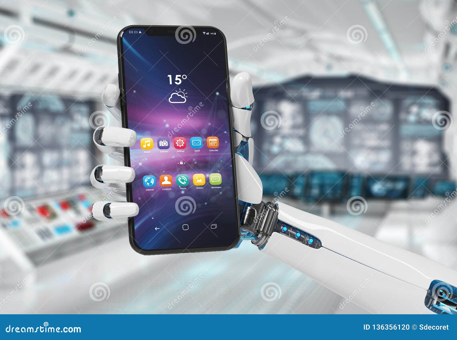White Robot Hand Holding Smartphone Mockup 3d Rendering Stock ...