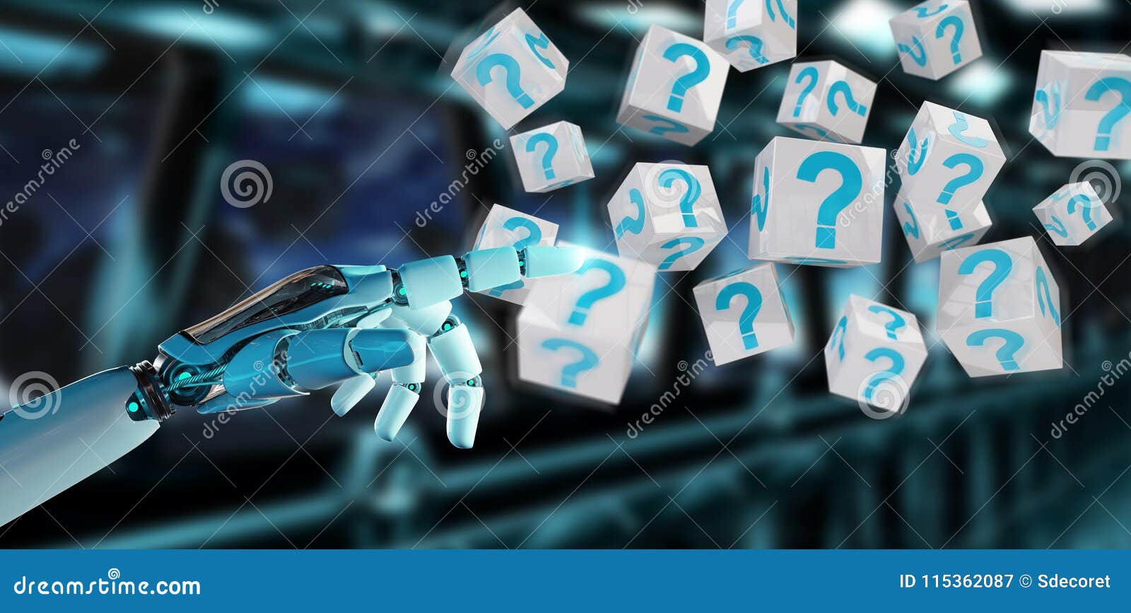 White Robot Hand Using Digital Question Marks 3D Rendering Stock ...
