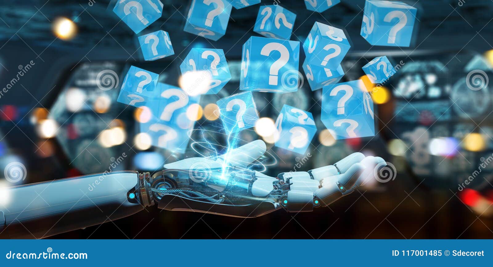 White Robot Hand Using Digital Question Marks 3D Rendering Stock ...