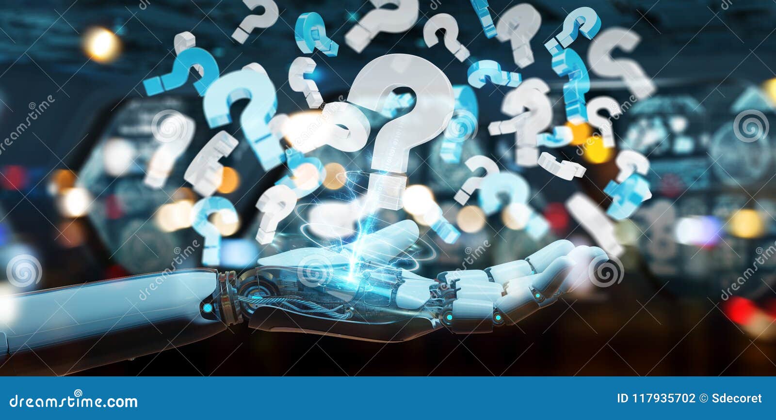 White Robot Hand Using Digital Question Marks 3D Rendering Stock ...