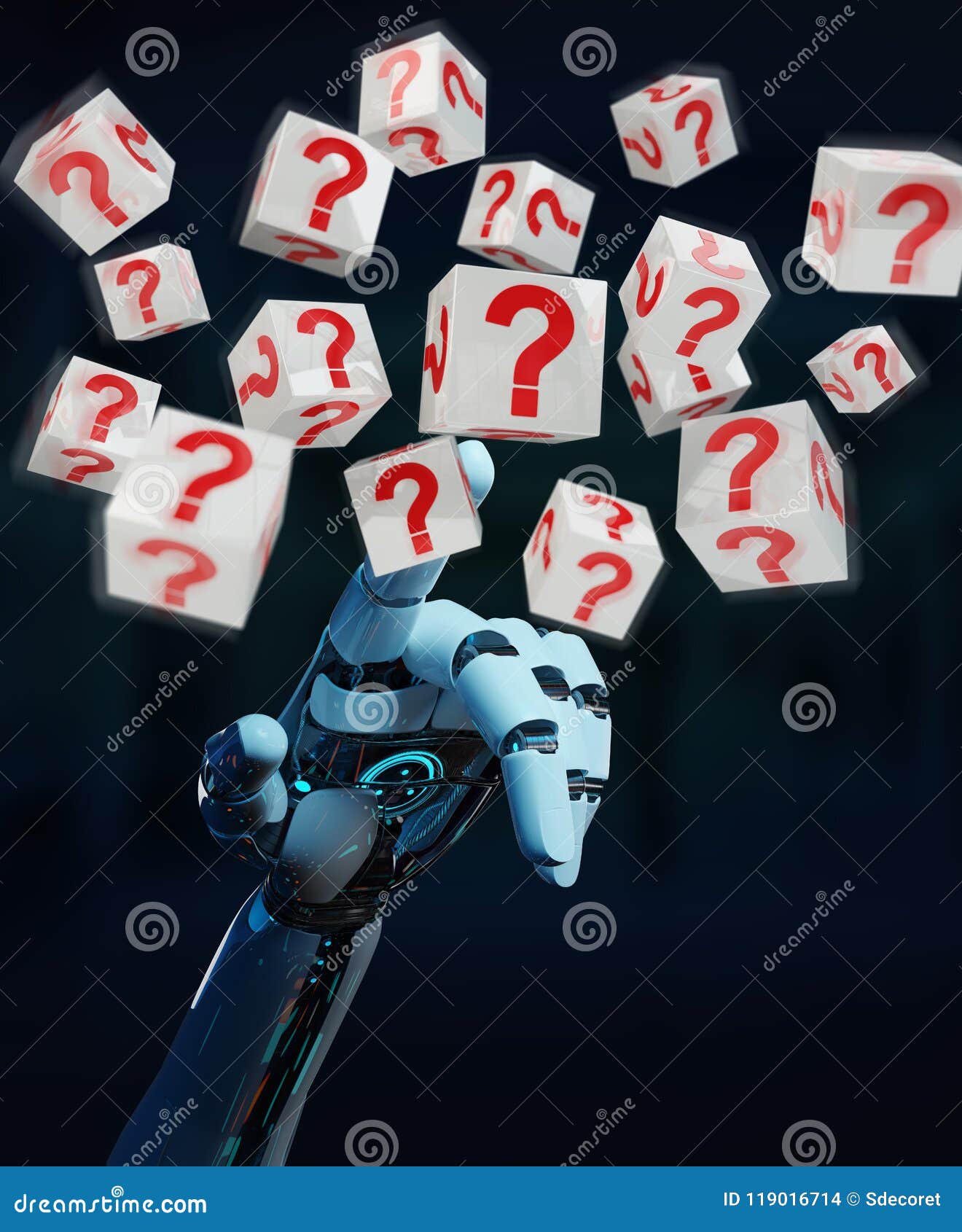 White Robot Hand Using Digital Question Marks 3D Rendering Stock ...