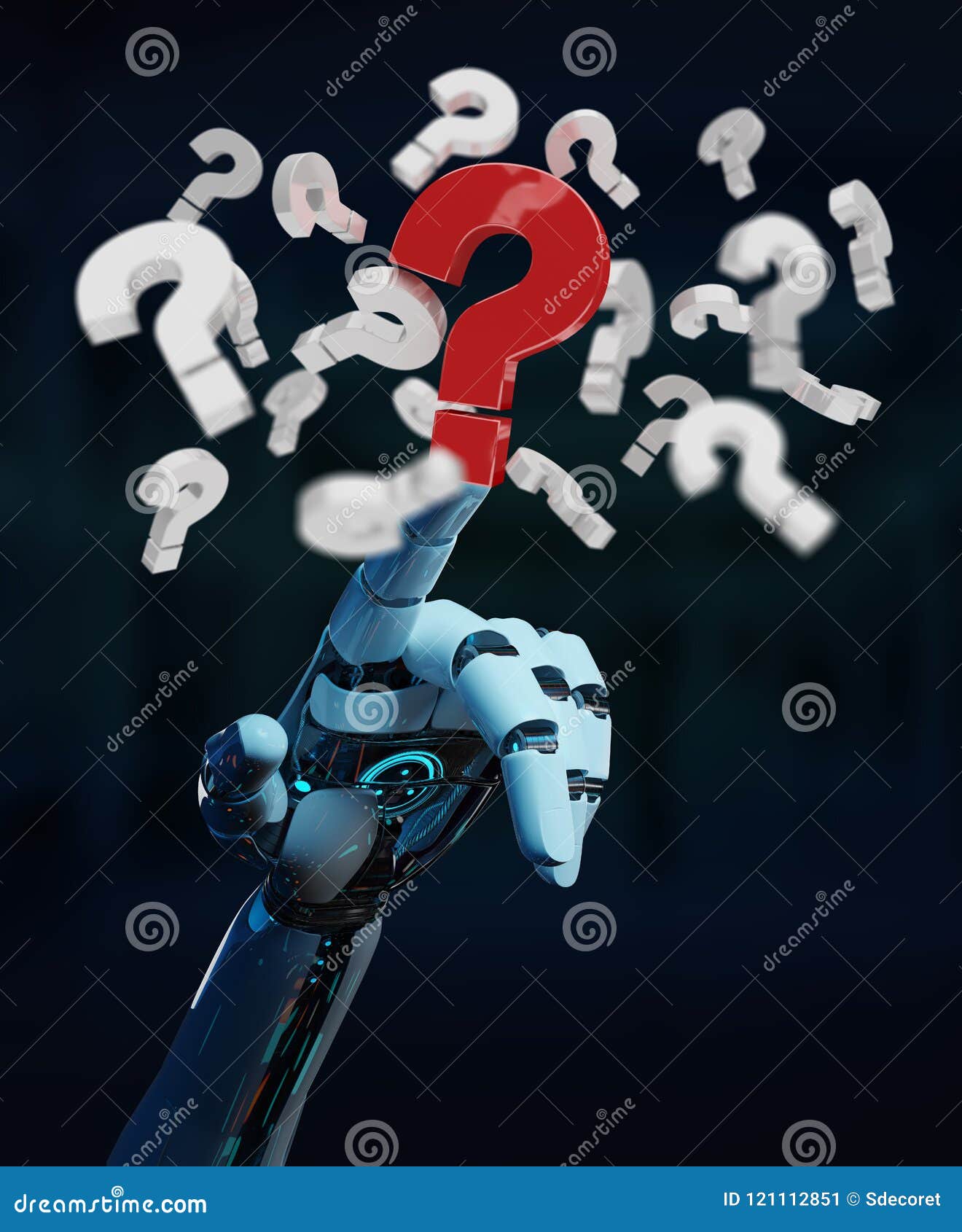 White Robot Hand Using Digital Question Marks 3D Rendering Stock ...