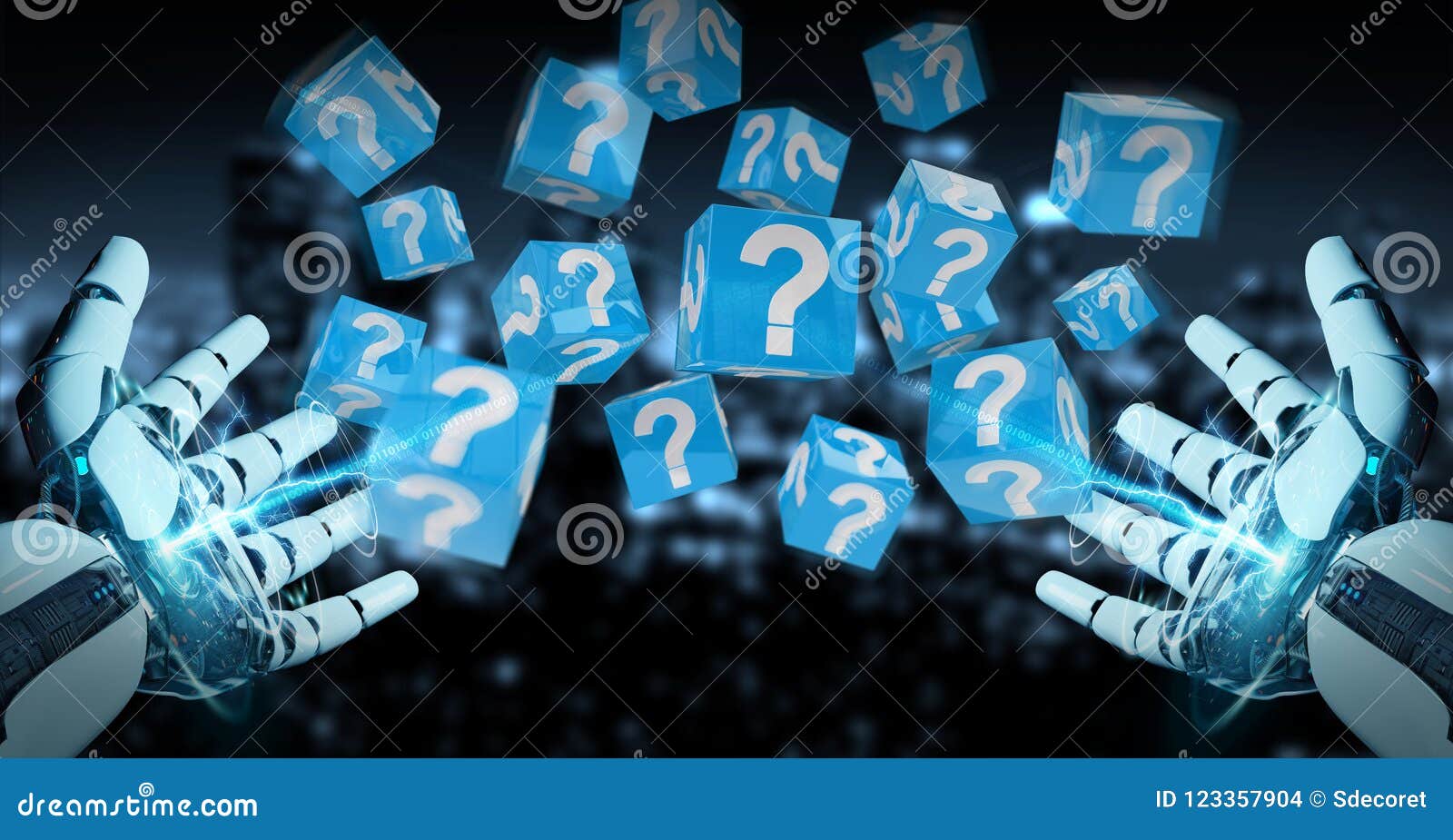 White Robot Hand Using Digital Question Marks 3D Rendering Stock ...