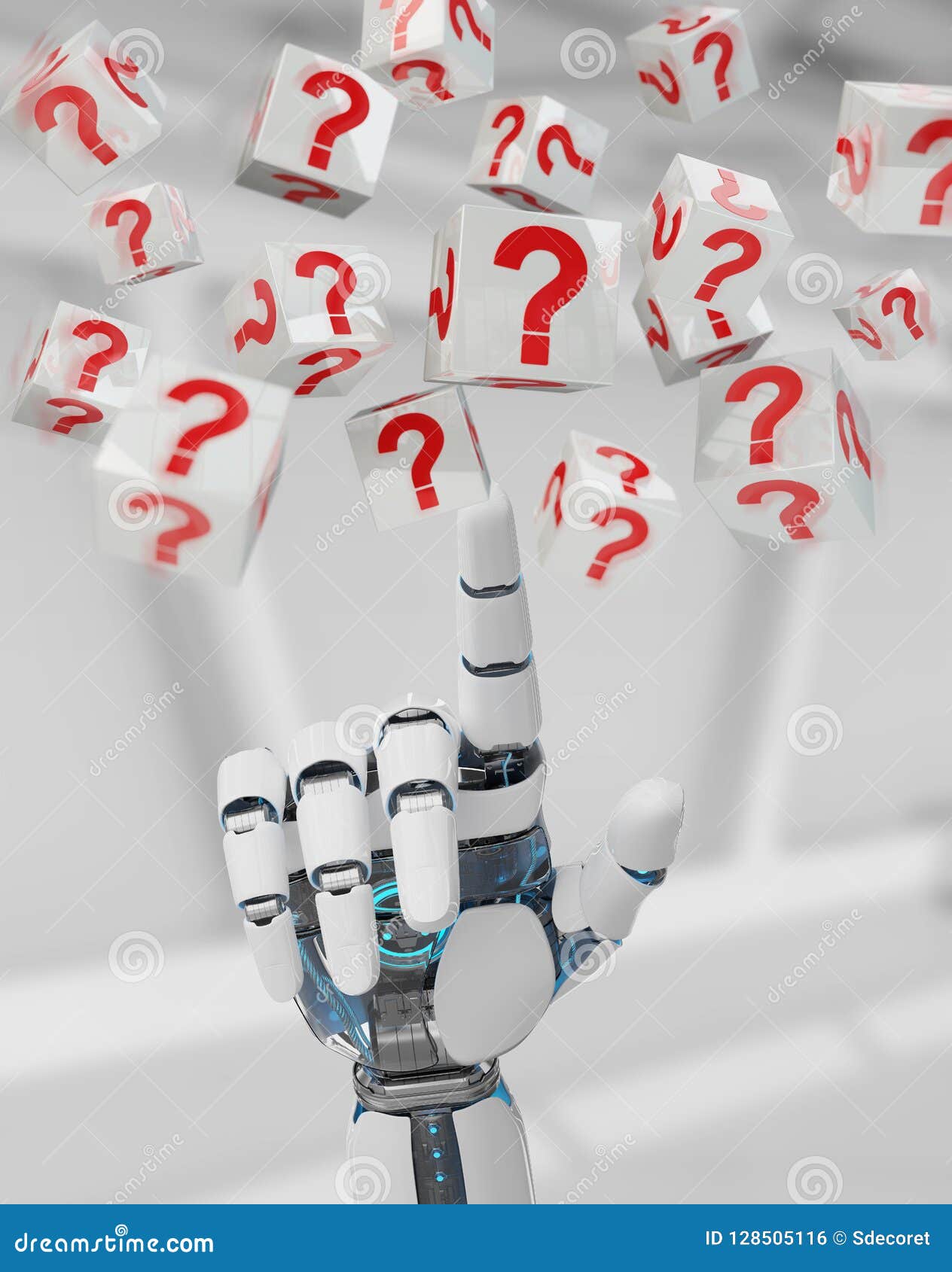White Robot Hand Using Digital Question Marks 3D Rendering Stock ...
