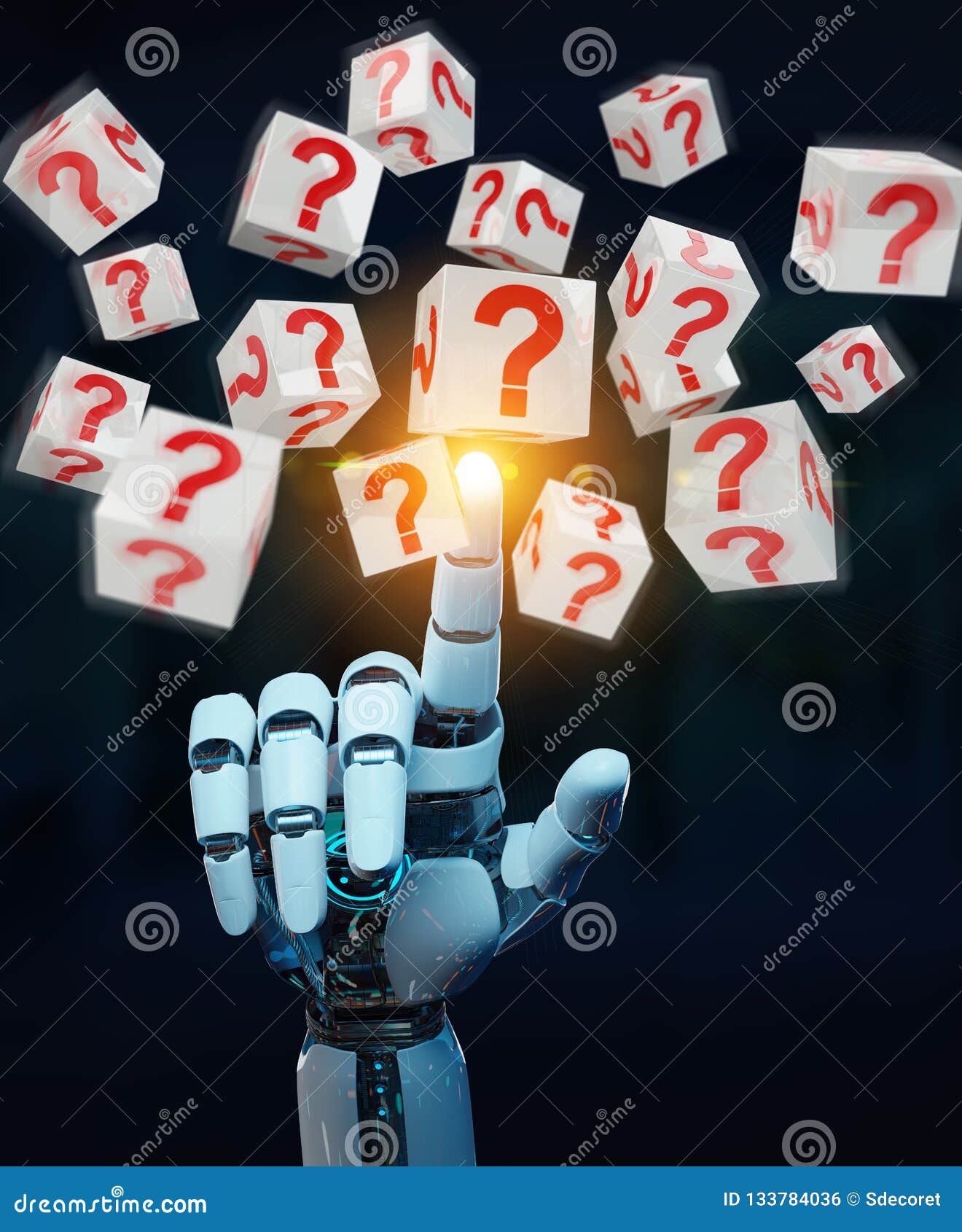 White Robot Hand Using Digital Question Marks 3D Rendering Stock ...